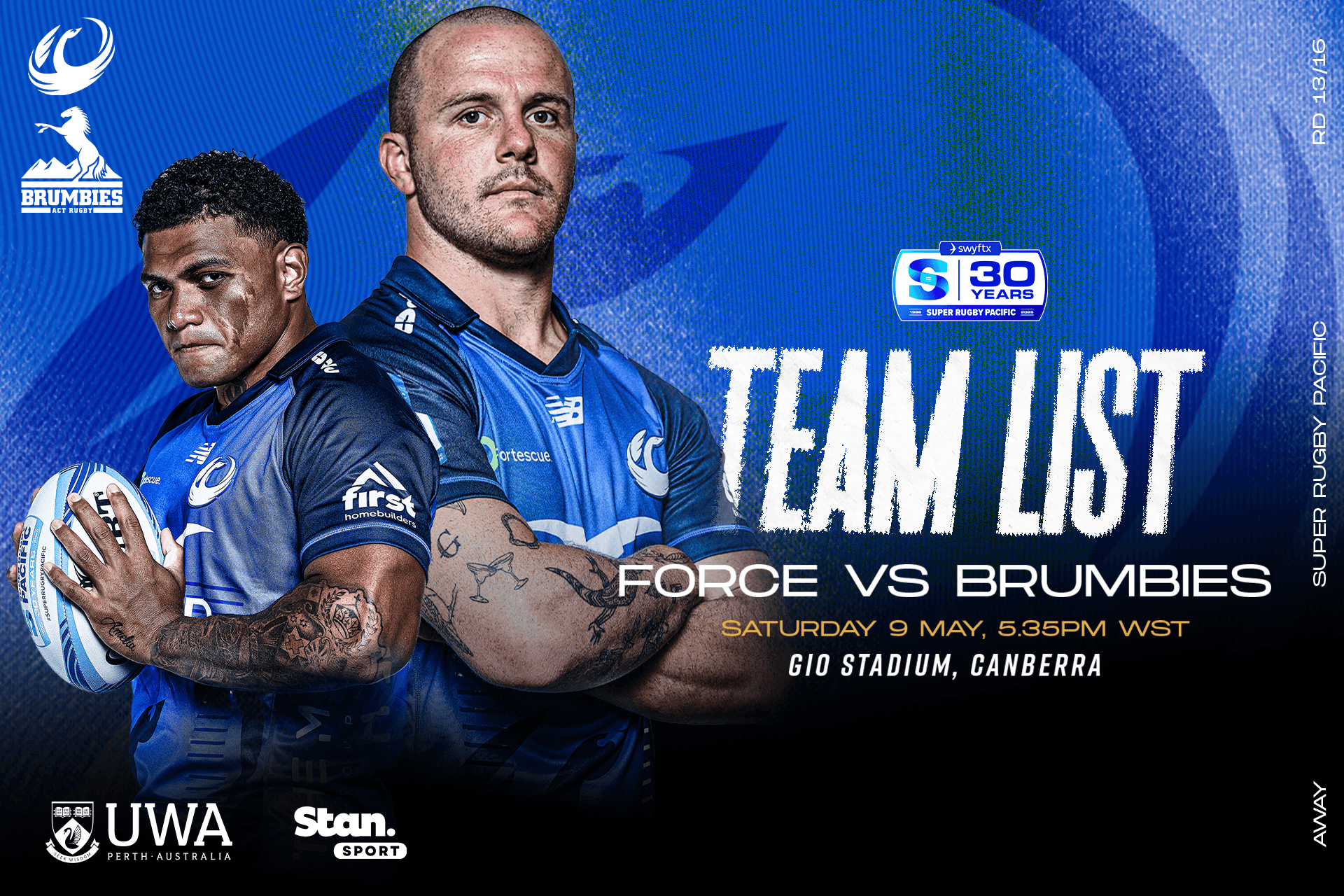 Force team confirmed for Swain's 100th away to Brumbies